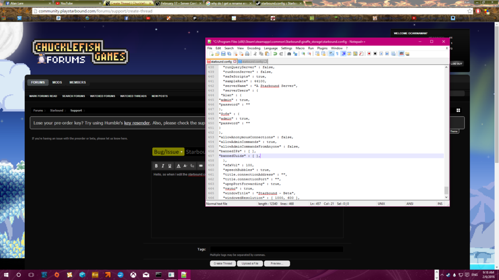 Closed - Starbound crashes when starting after editing starbound.config!? | Chucklefish Forums